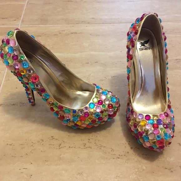 Shiekh | Shoes | Multi Color Beaded Rhinestone Metallic Heels | Poshmark